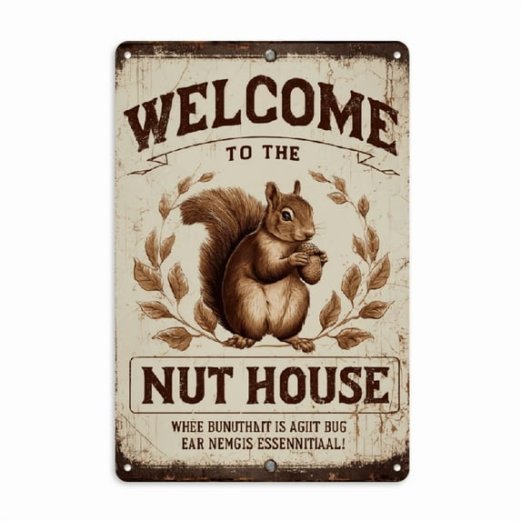 2D Flat, Vintage Welcome to Nut House Squirrel Metal Tin Plaque Wall ...