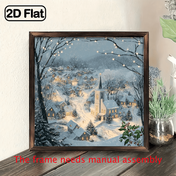 2D Flat, Vintage Winter Village Wall Art - Snowy European-Style ...