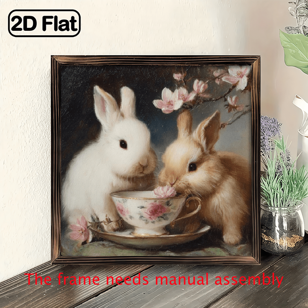 2D Flat, Vintage Wooden Rabbits Wall Art - 8x8 Inch Rustic Farmhouse ...