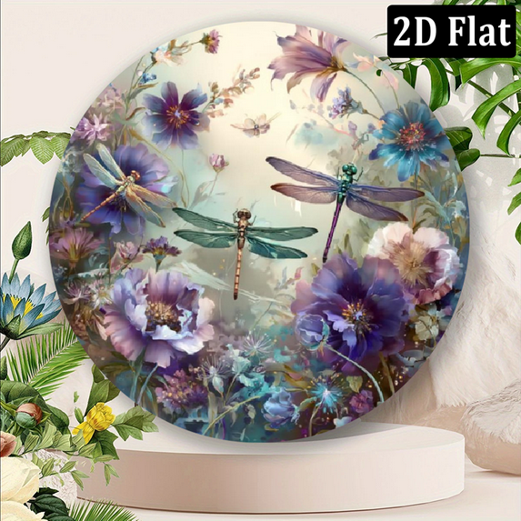 2D Flat, Wall Art Decorative Sign, Flower Dragonfly Pattern Aluminum ...