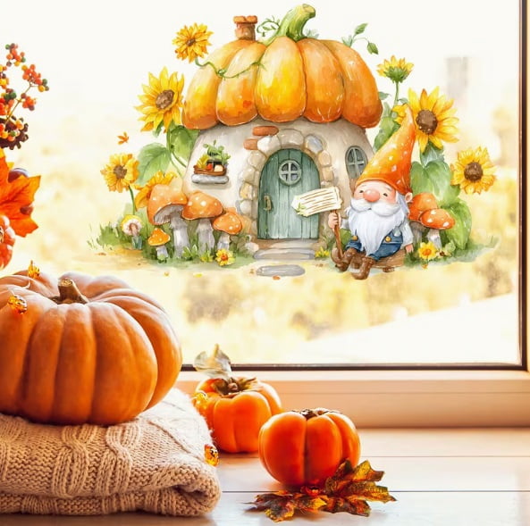 2D Flat Watercolor Pumpkin House Gnome Sunflower Theme Electrostatic ...