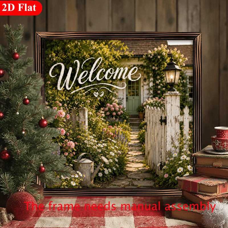 2D Flat, Welcome Garden Wood Framed Wall Art, Rustic Floral Cottage ...