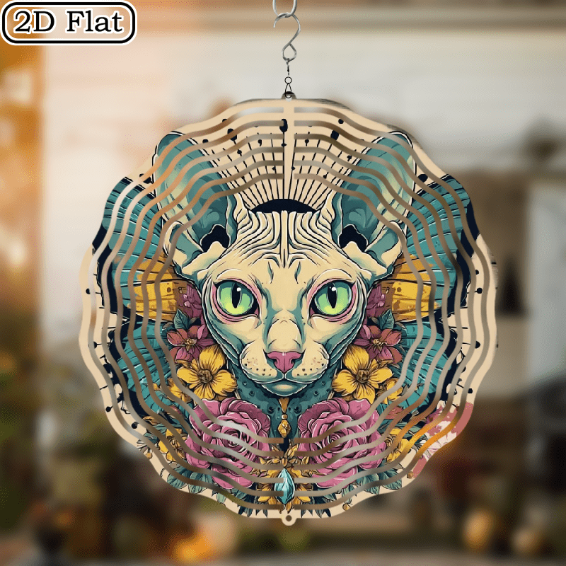 2D Flat, Whimsical Cat Wind Chime with Butterfly Wings - Vibrant Floral ...