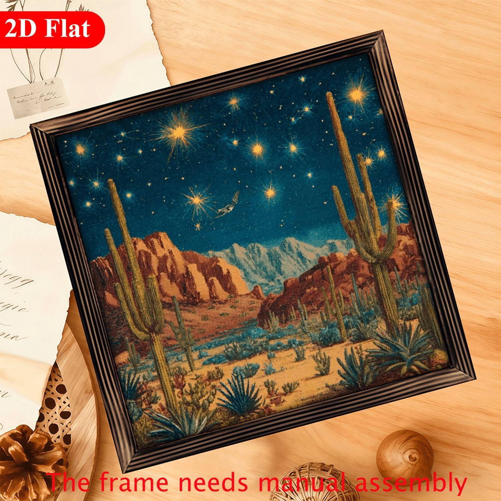 2D Flat, Whimsical Desert Cactus Art Wood Signage with Frame - Vintage ...