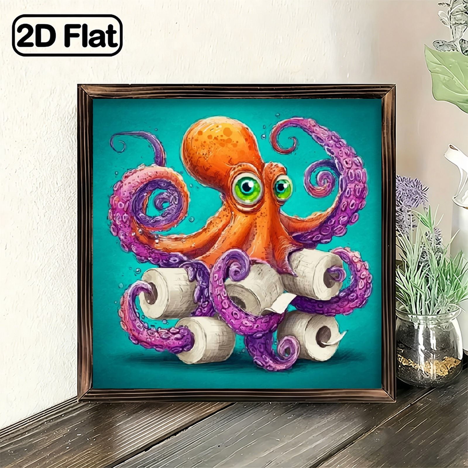 2D Flat, Whimsical Octopus Holding Toilet Paper Rolls Frame Wooden Sign ...