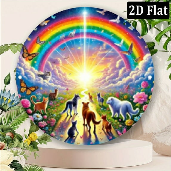 2D Flat Whimsical Rainbow Bridge Animals Round Iron Wall Sign - 8x8inch ...
