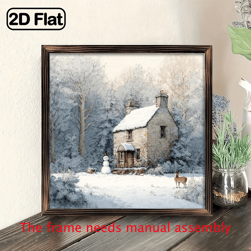 2D Flat, Winter Snow Cottage Framed - Hand-Painted-Look Wall Art with ...