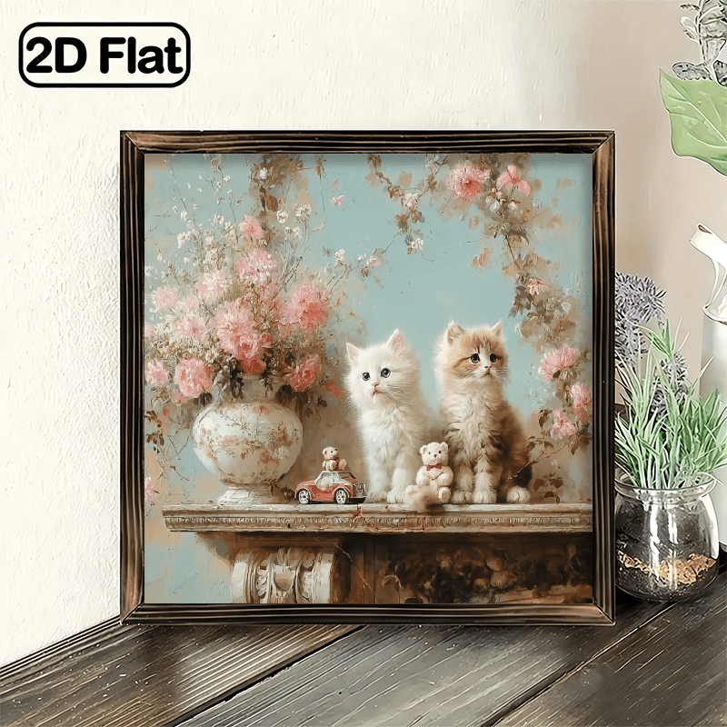 2D Flat - Wooden Frame Wall Art - Cute Kittens with Pink Floral Theme ...