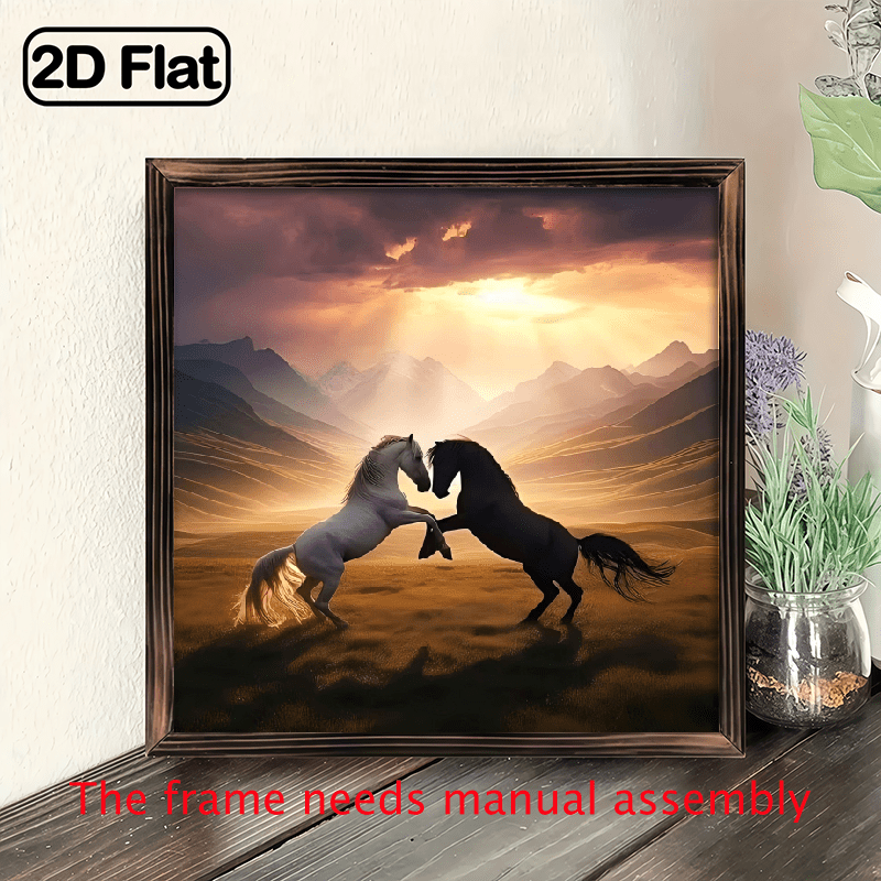 2D Flat, an 8 - inch wooden framed painting, "Fighting Horses" For home ...
