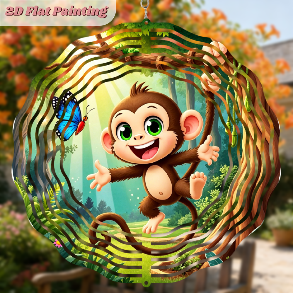 2D Flat, an iron wind chime, cute monkey design. It can rotate 360 ...