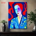 2D Flat red hair fluttering figure blue purple geometric face blue coat ...