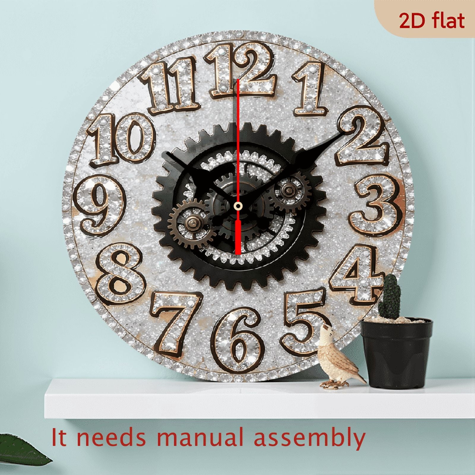 2D Flat10Inch Diamond-Encrusted Mechanical Gear Themed Wooden Wall ...