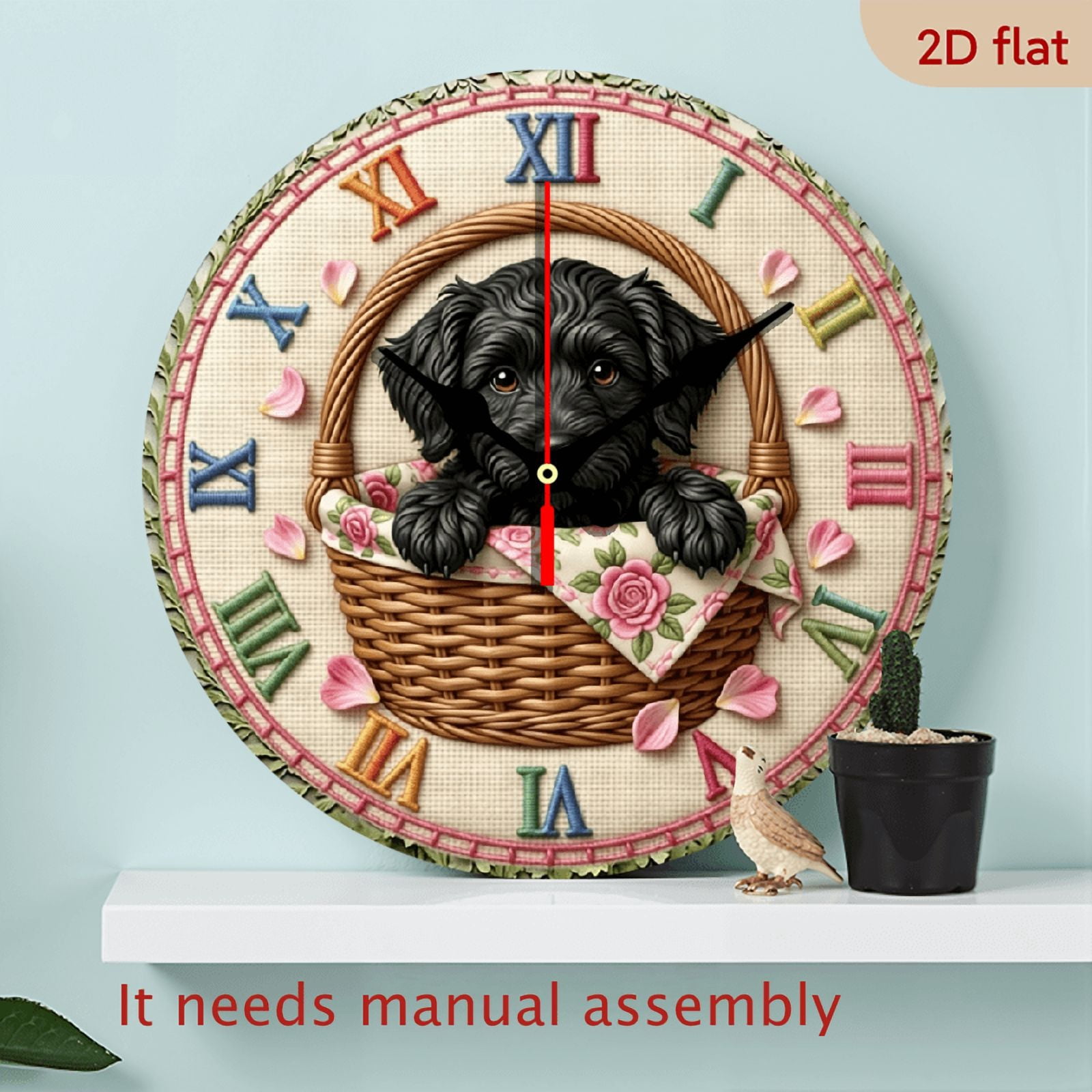 2D Flat10Inch Wooden Round Wall Clock Black Dog In Basket With Flowers ...