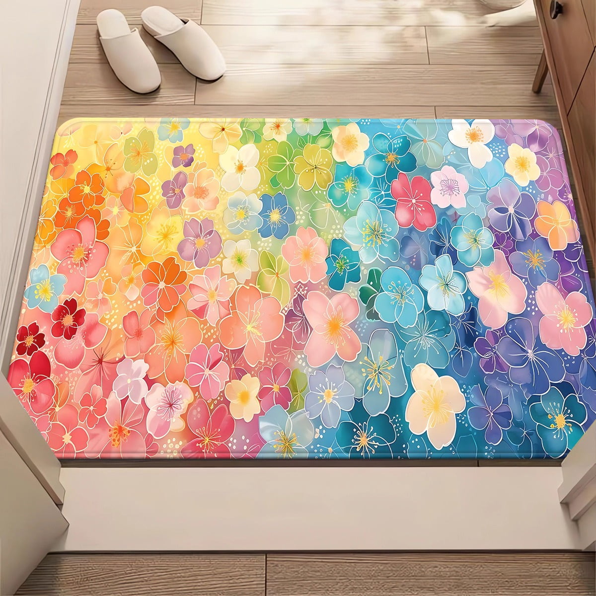 2D Floral Doormat 700GSM, Non-Slip Bath Mat, High Absorption Polyester ...