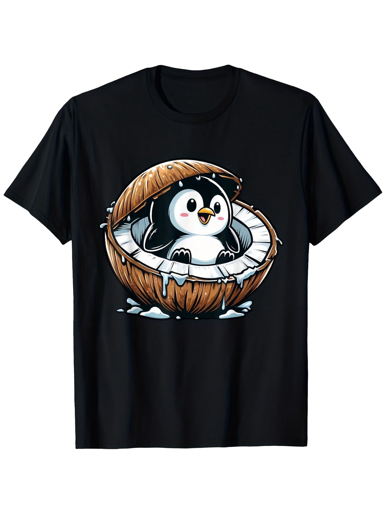 2D Fun Penguin Coconut Print T-Shirt - Cute Penguin Coconut Pattern ...
