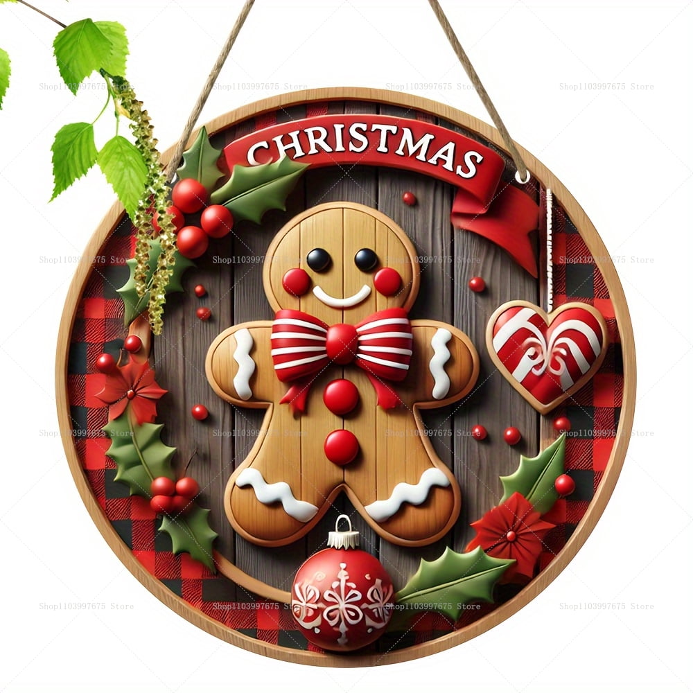 2D Merry Christmas Red Black Plaid Berry Gingerbread Man Wooden Wreath ...