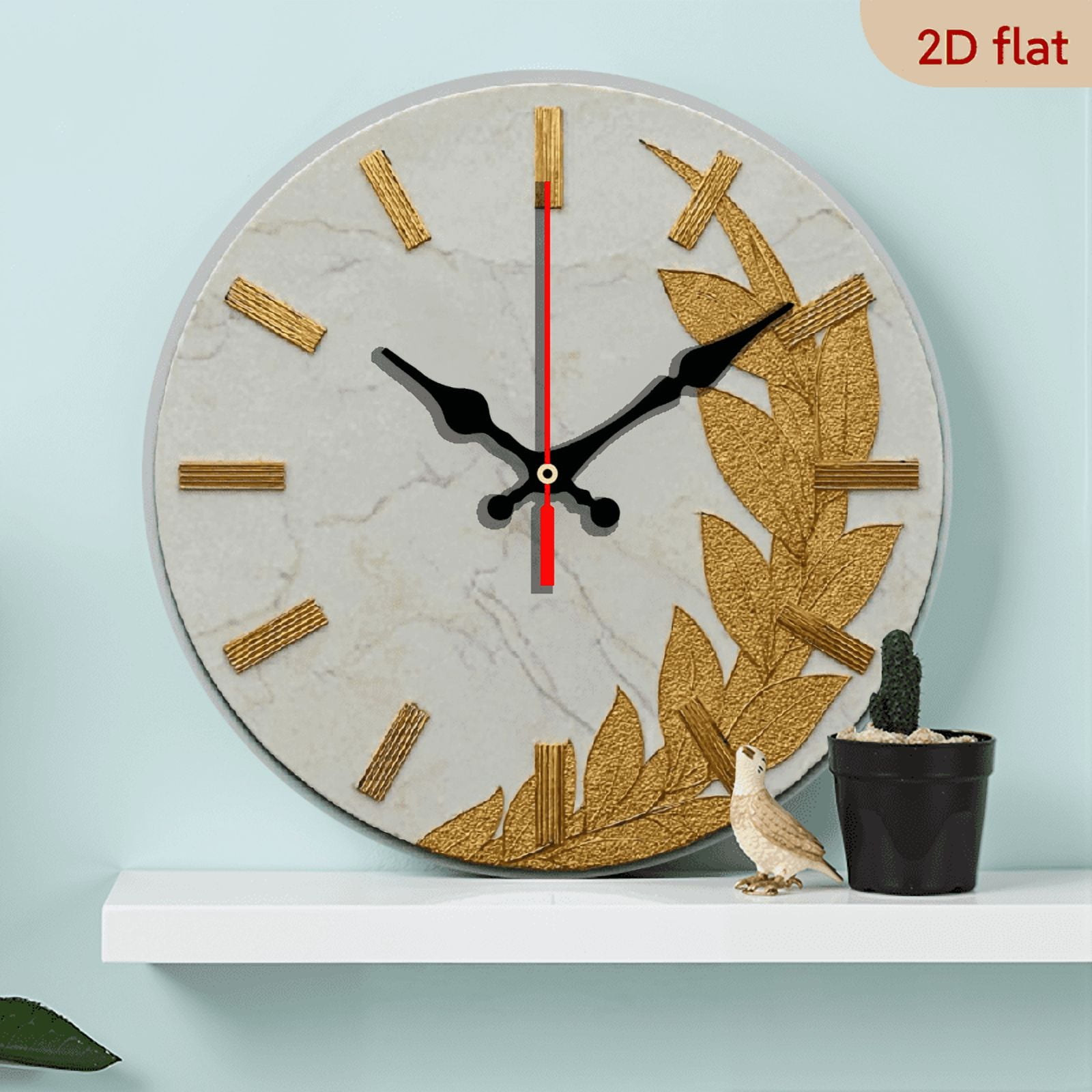 2D Minimalist Wall Clock with Golden Wheat Leaf Motif - Elegant Boho ...