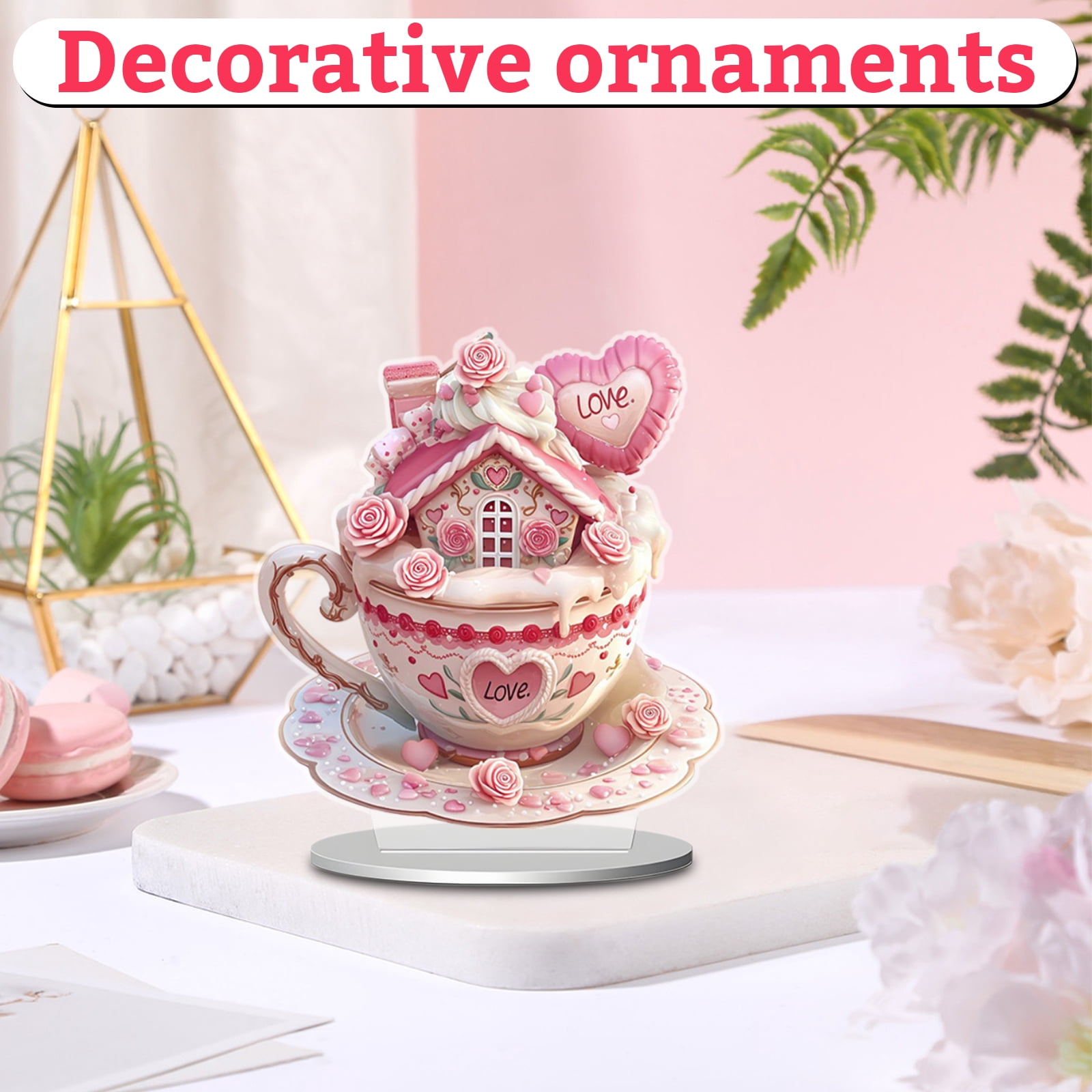 2D Pink Heart-Shaped Cup Acrylic Home Decor Ornament Figurine ...