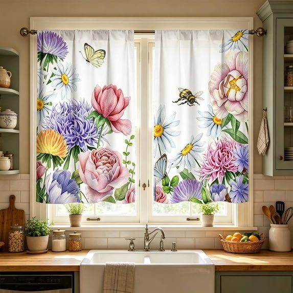 2D Print Kitchen Short Curtain, Washable Fabric Panel for Window ...