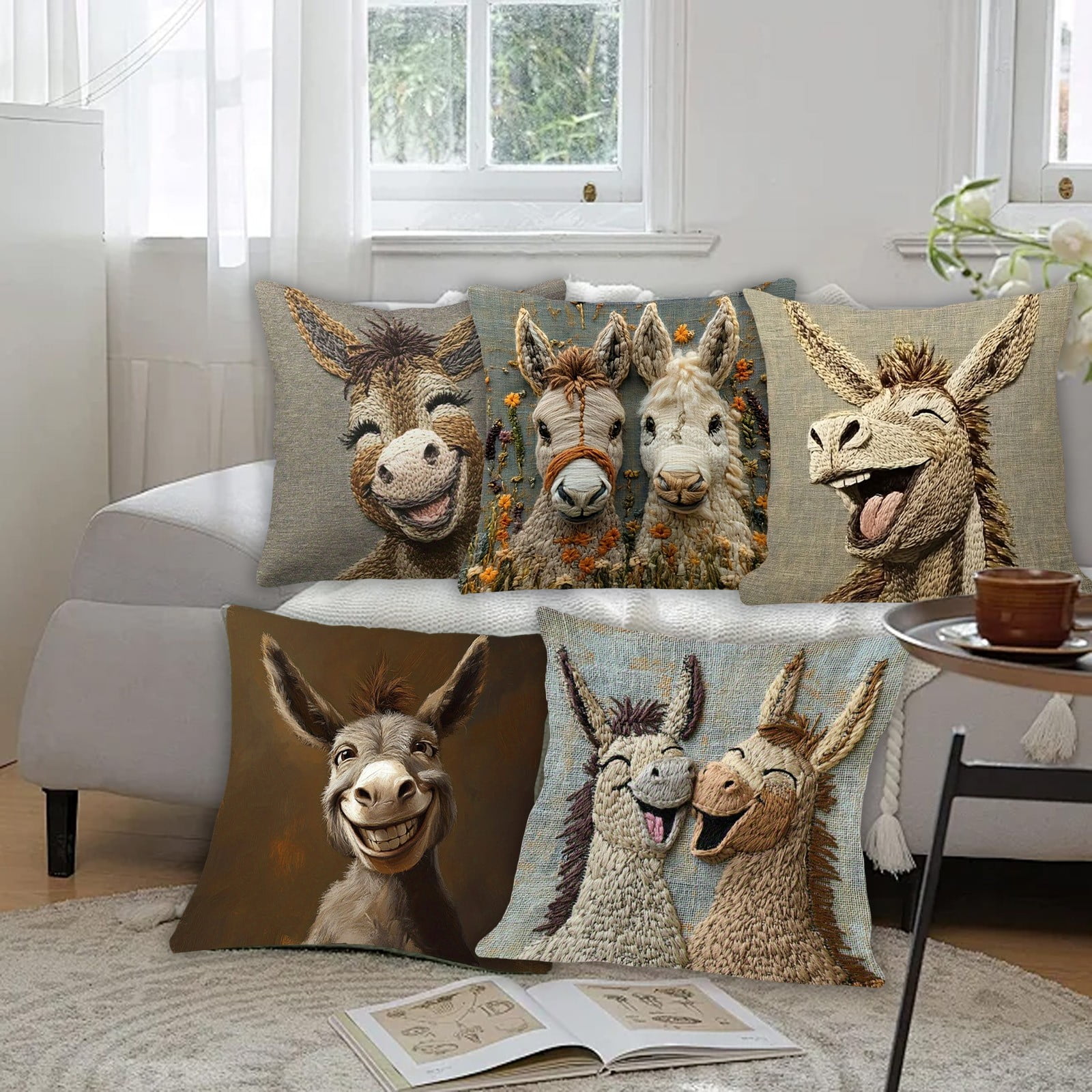 2D Printed Donkey Pillow Cover No Insert, Short Lint Faux Embroidery ...