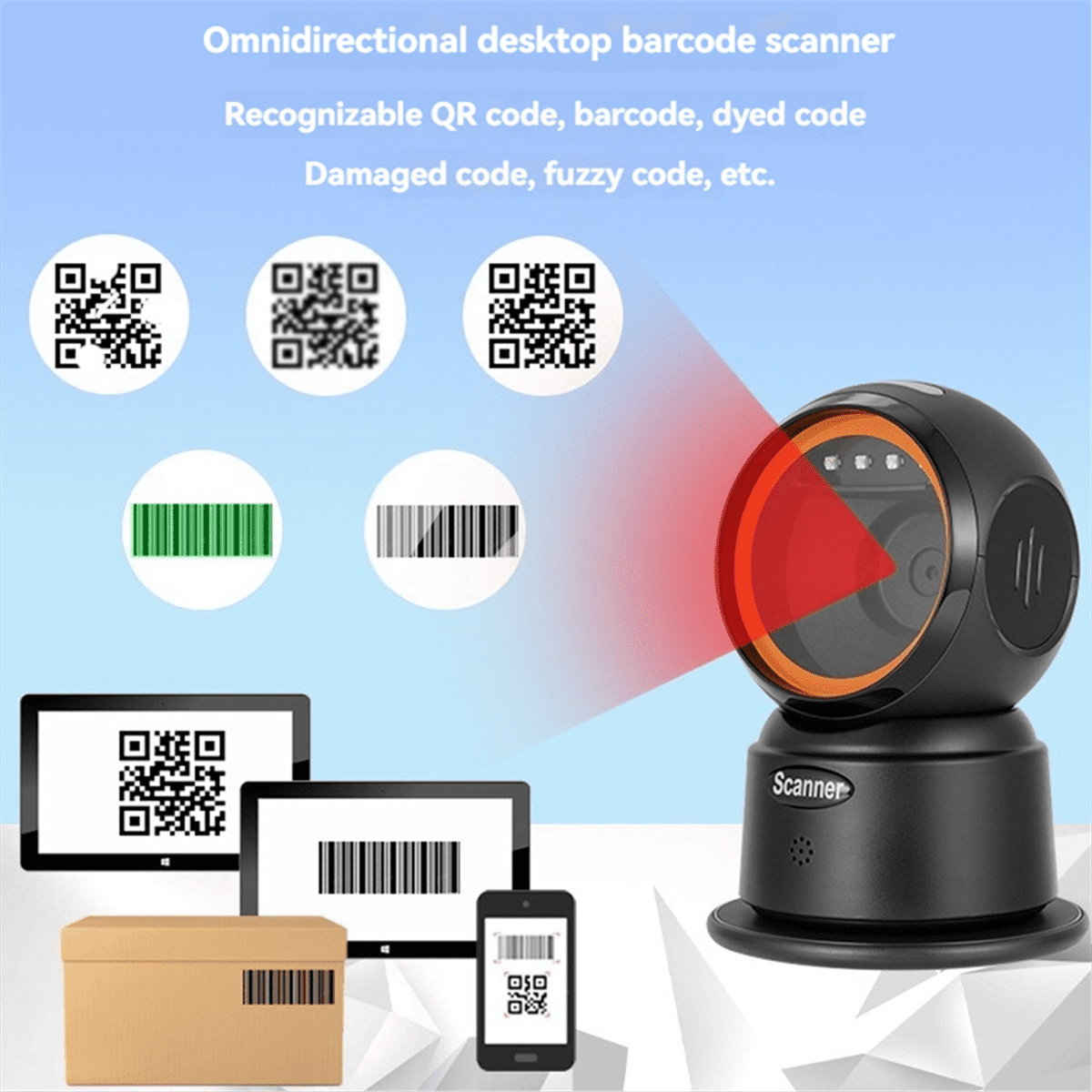2D QR Barcode Scanner Desktop Wired Scanner Hands-Free Omnidirectional ...