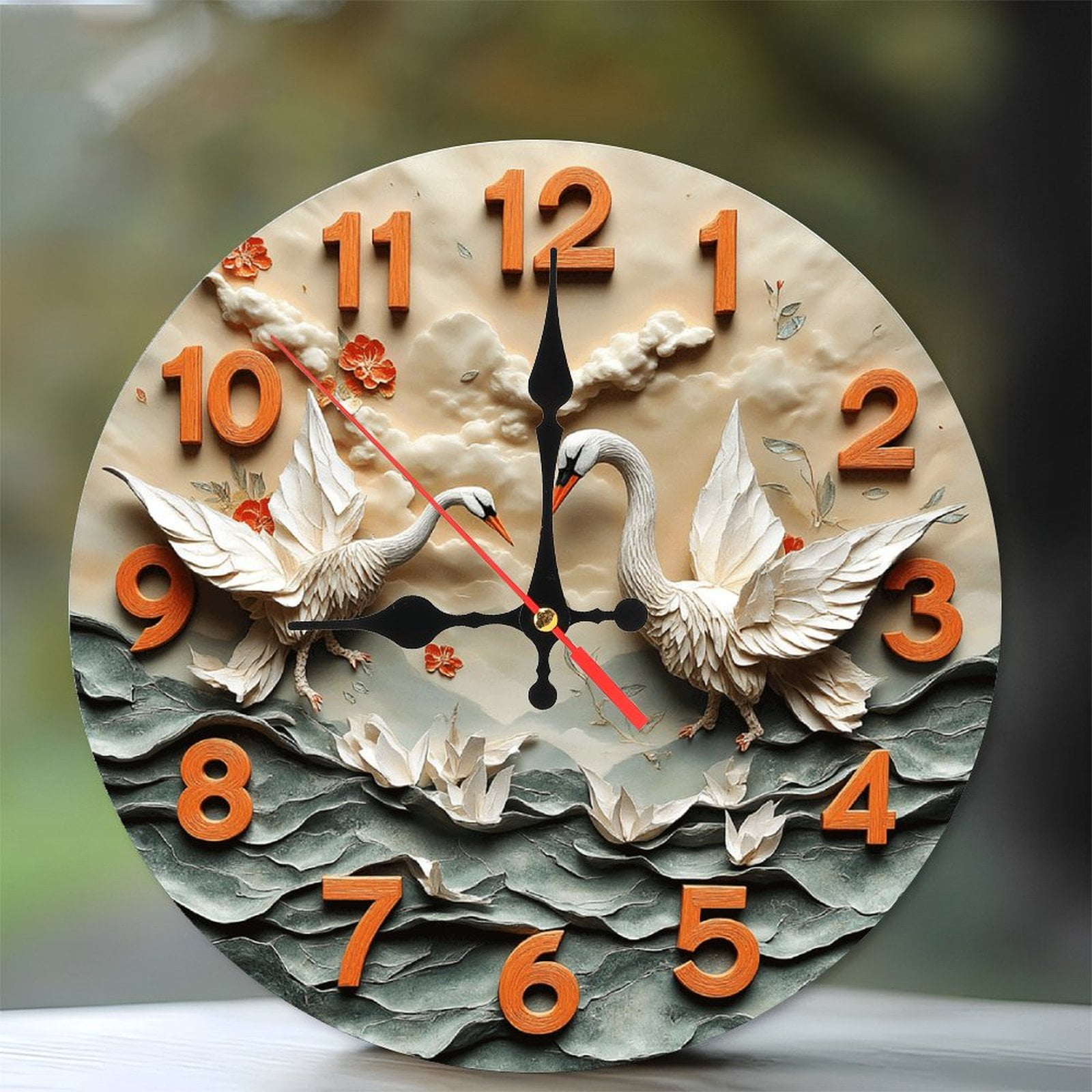 2D Relief Swan Wall Clock Elegant Home Decor 10-Inch Silent Wooden Wall ...