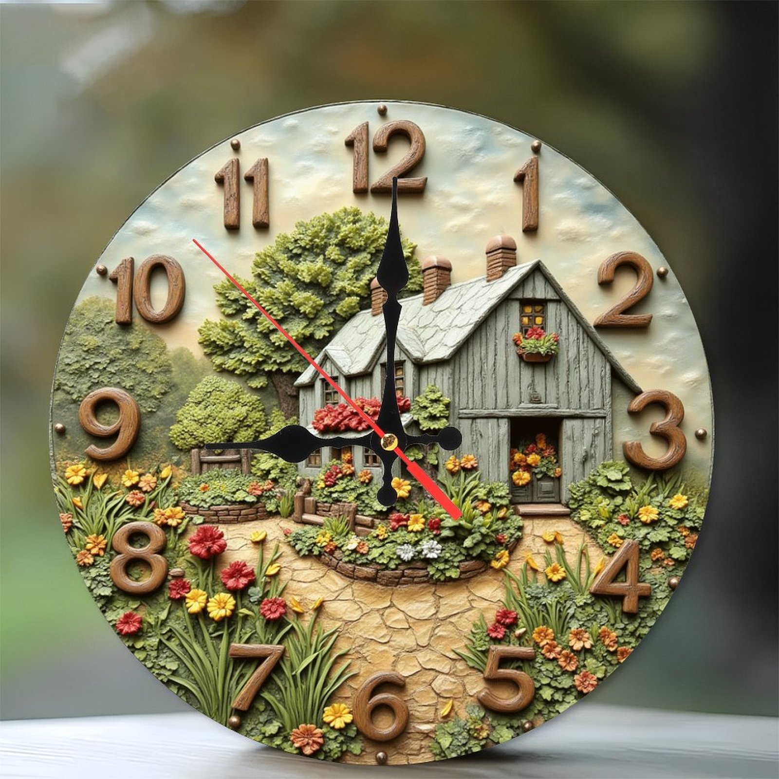 2D Resin Cottage Garden Wall Clock 10-Inch Silent Wooden Wall Clock ...