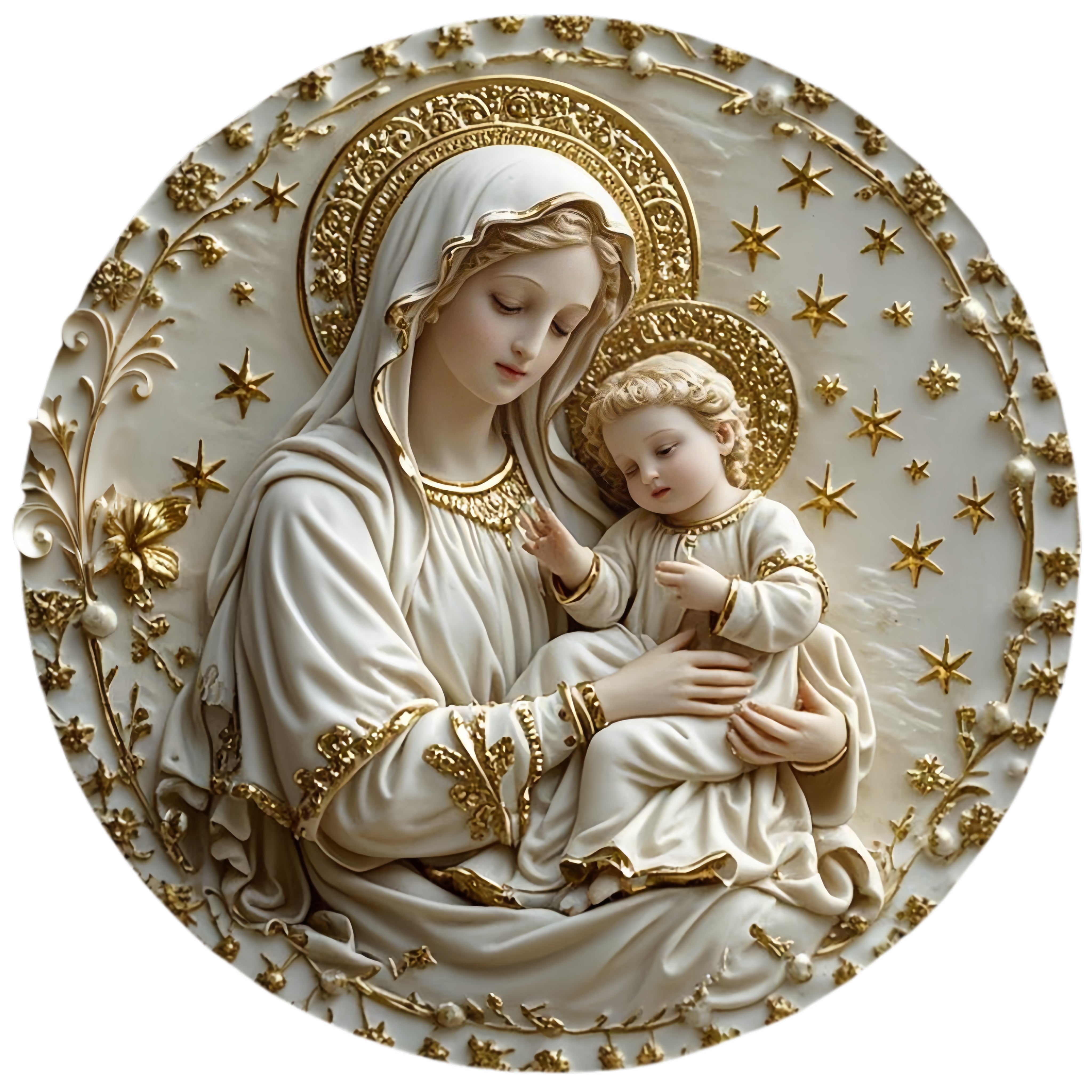 2D Round Virgin Mary & Youngsters with Golden Starbursts Aluminum Wall ...