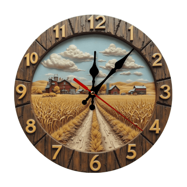 2D Rustic Farmhouse Wheat Field Countryside Wall Clock 10-Inch Wooden ...