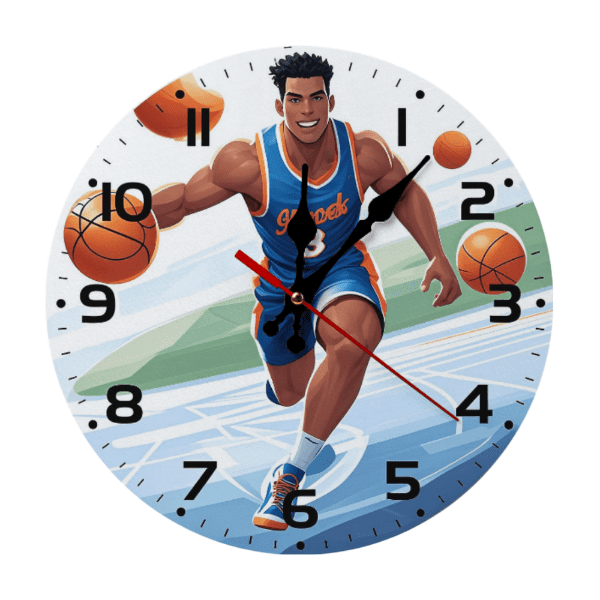 2D Silent Round Wall Clock Basketball Court Sports Theme with Athletes ...