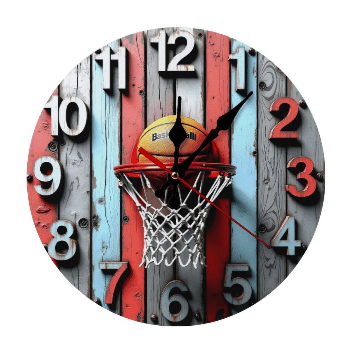 2D Silent Wooden Wall Clock Vintage Room Decor,basketball hoop with a ...