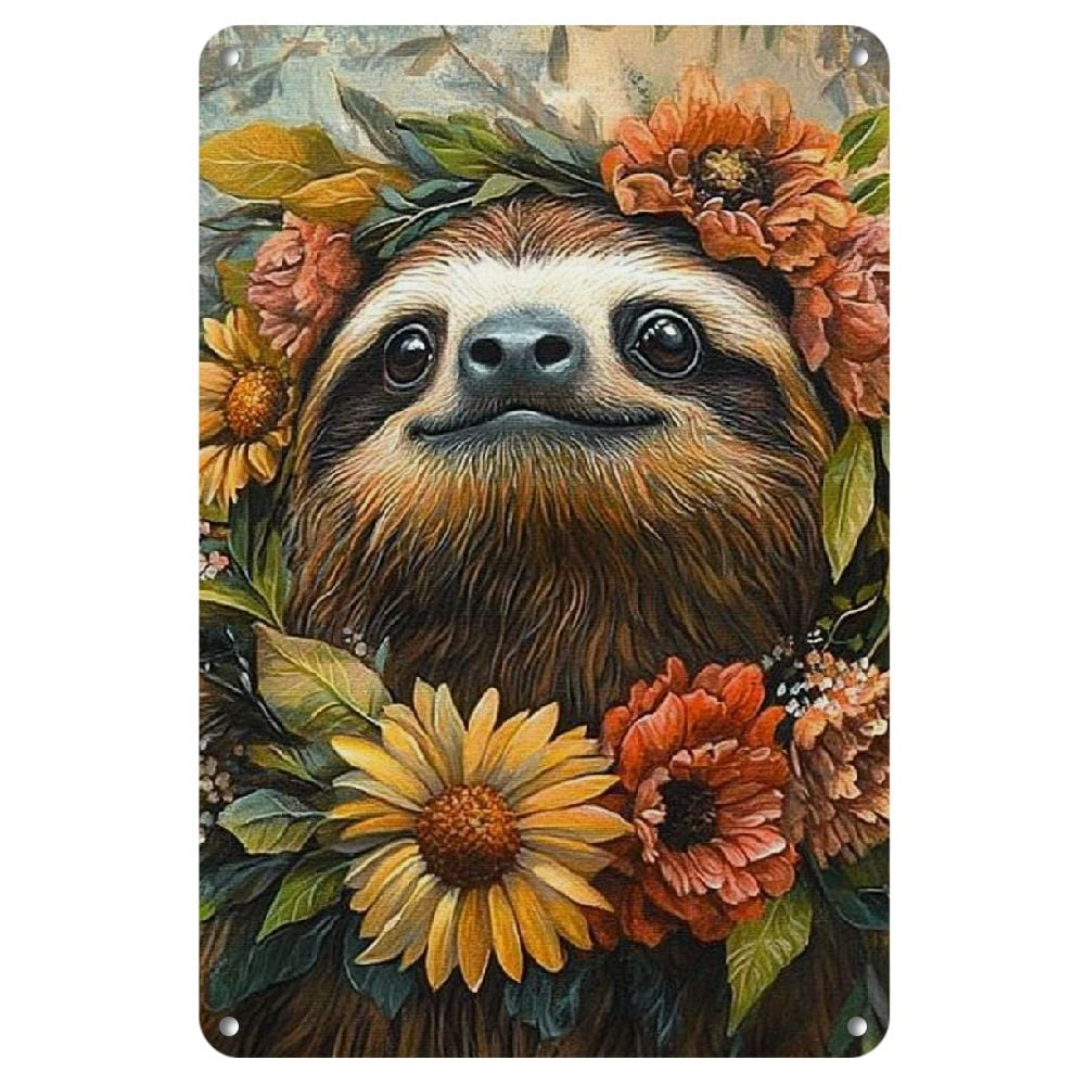 2D Sloth Floral Crown Iron Wall Art, 8x12 inches, Rustic 3D Metal Sign ...