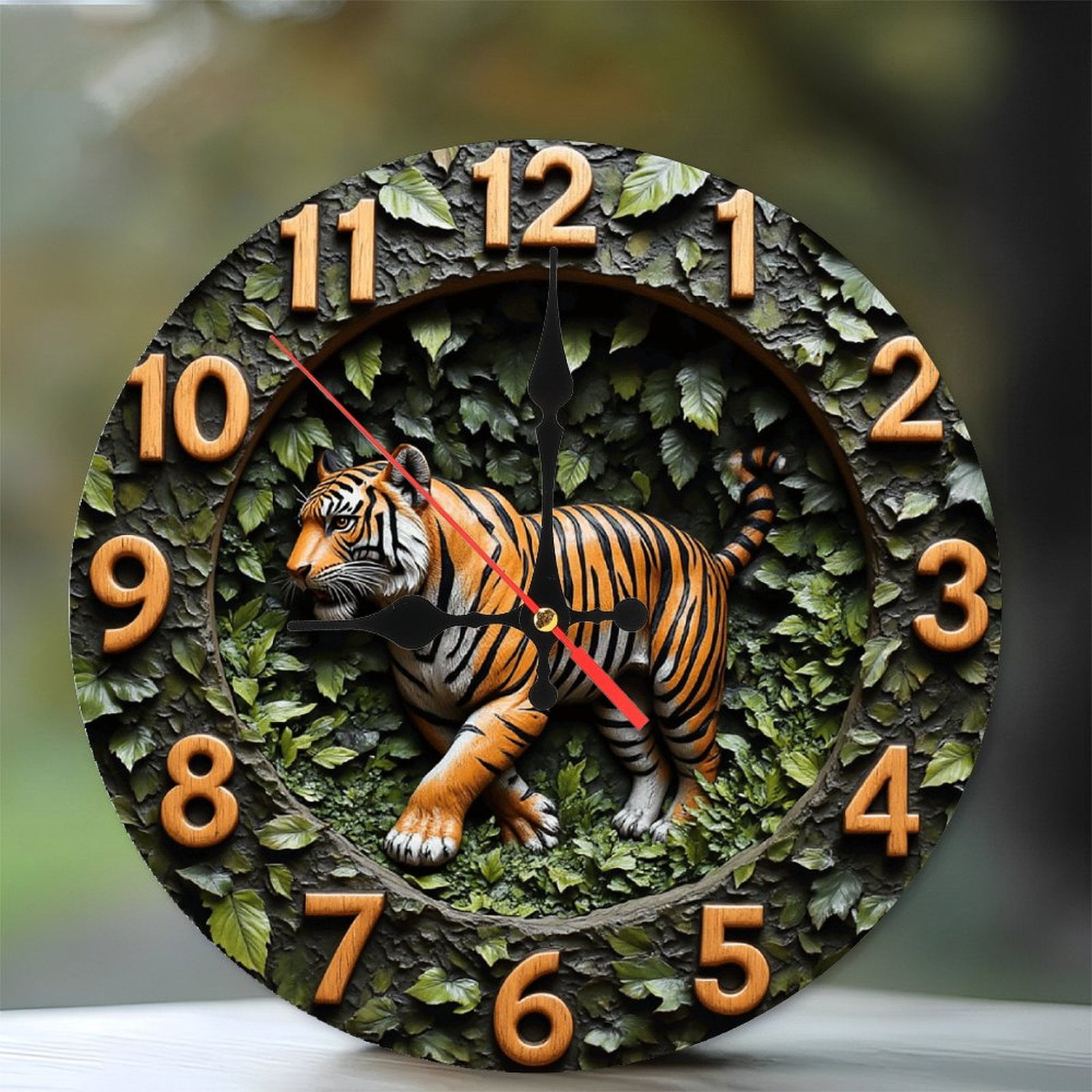 2D Tiger Wall Clock with Green Leaves Design 10-Inch Silent Wooden Wall ...