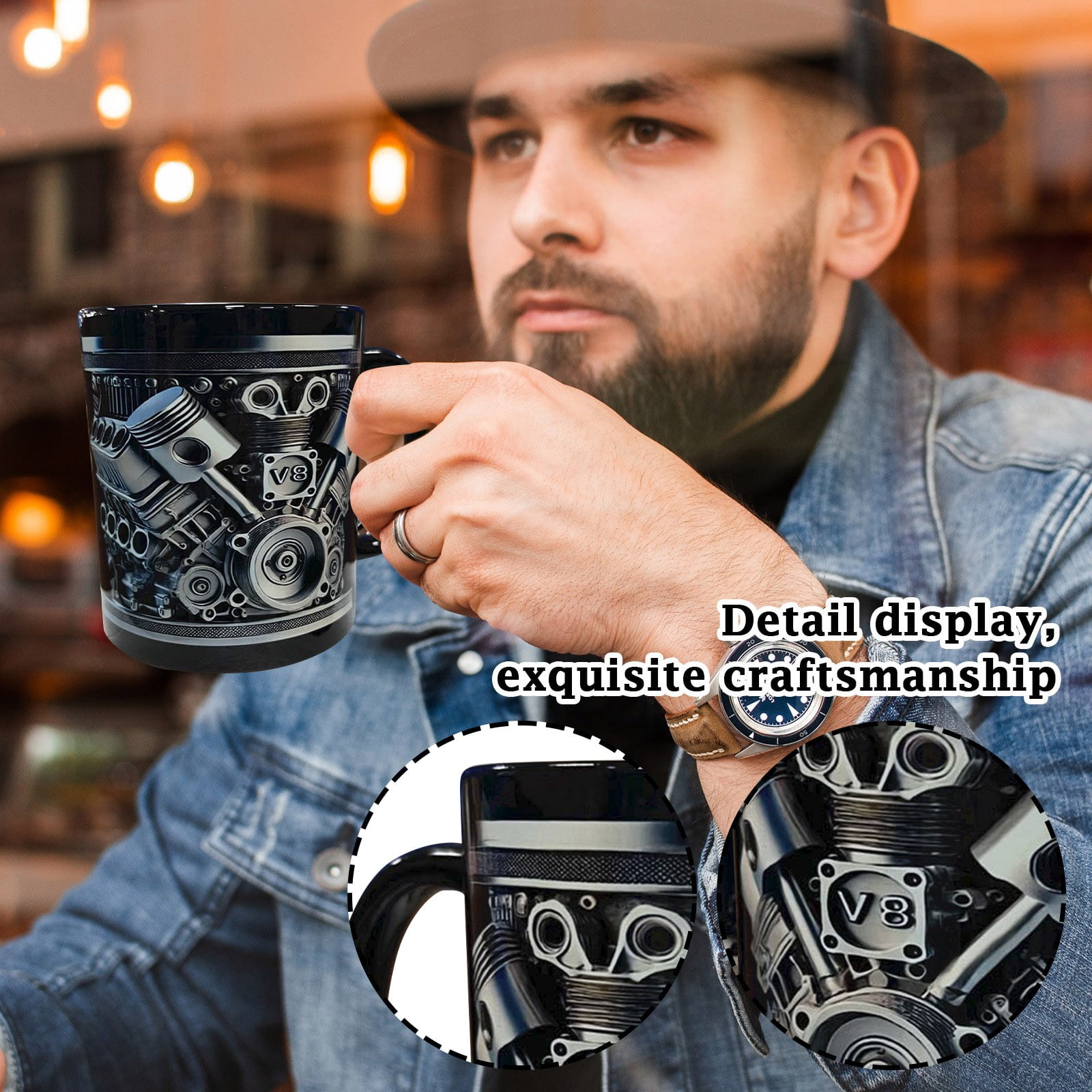 2D V8 Engine Design Ceramic Mug, Stainless Metal Steel Effect Ceramic ...