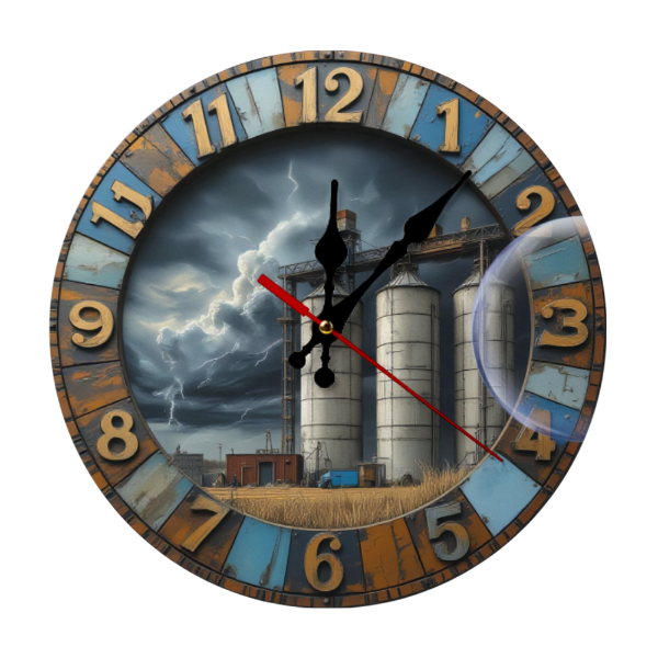 2D Weathered Wood Clock Featuring Grain Silo And Stormy Sky Imagery ...