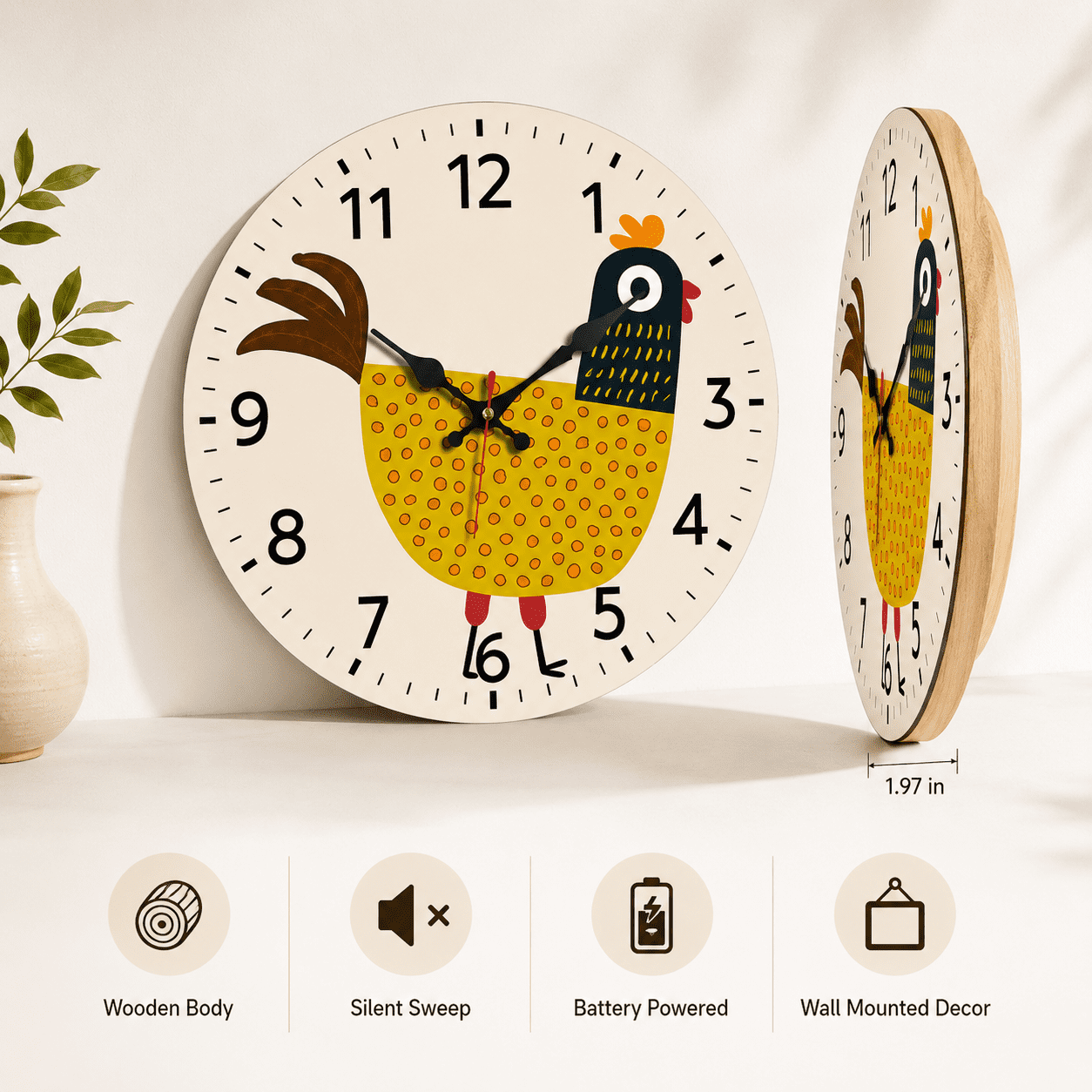 2D Wooden Wall Clock with Number Dial, Silent Sweep Decorative Round ...