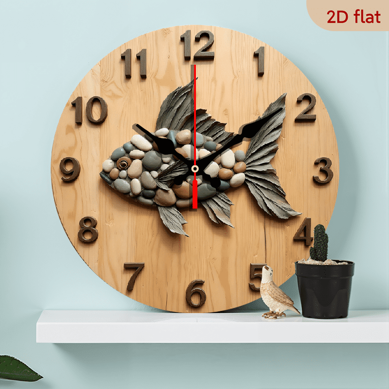 2D flat 1 piece 10 inch wooden modern silent non ticking fish wall ...