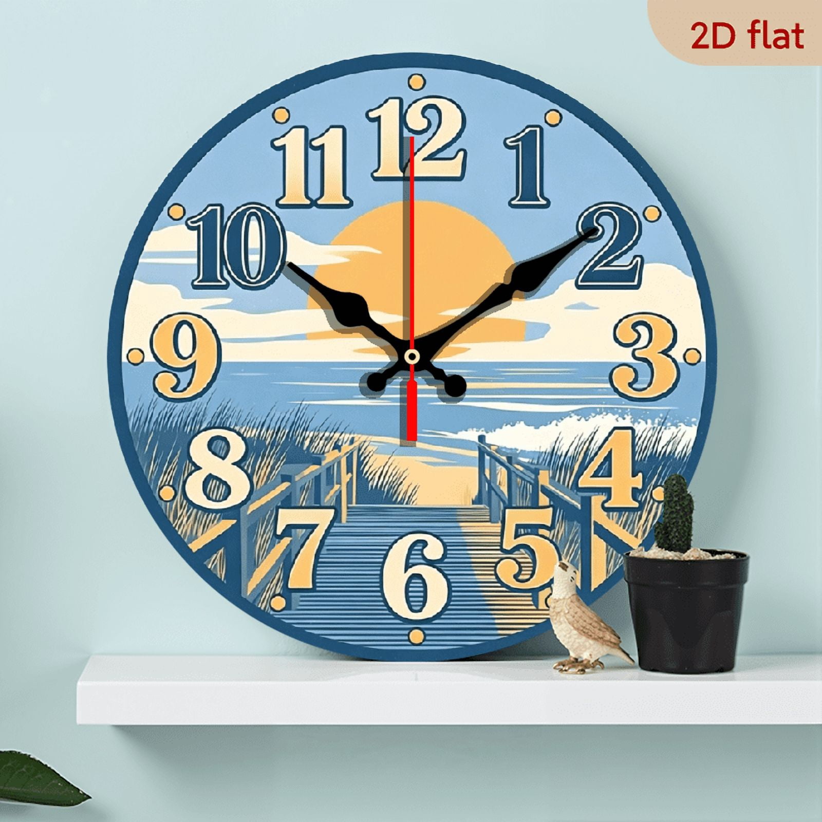2D flat, a 10-inch wooden round wall clock, Beach Sunset design ...