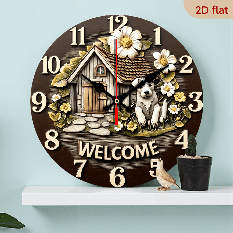 2D flat, a 10-inch wooden round wall clock, "Countryside cottage ...