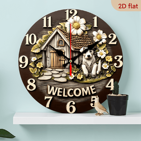 2D flat, a 10-inch wooden round wall clock, "Countryside cottage ...