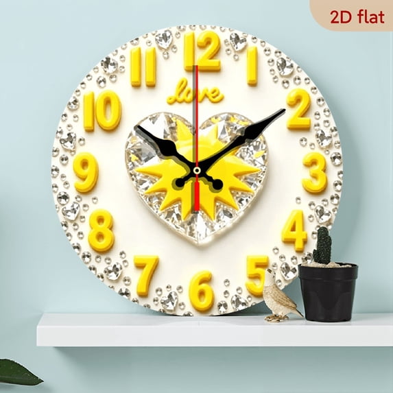 2D flat, a 10-inch wooden round wall clock, Crystal heart love diamond ...