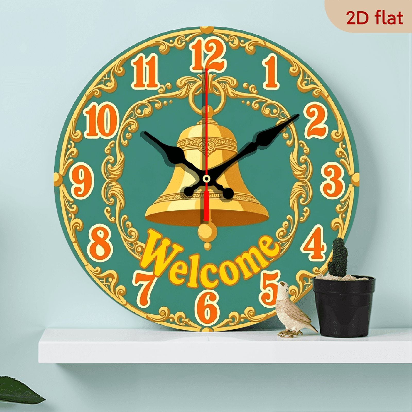 2D flat, a 10-inch wooden round wall clock, Golden bell welcome ornate ...