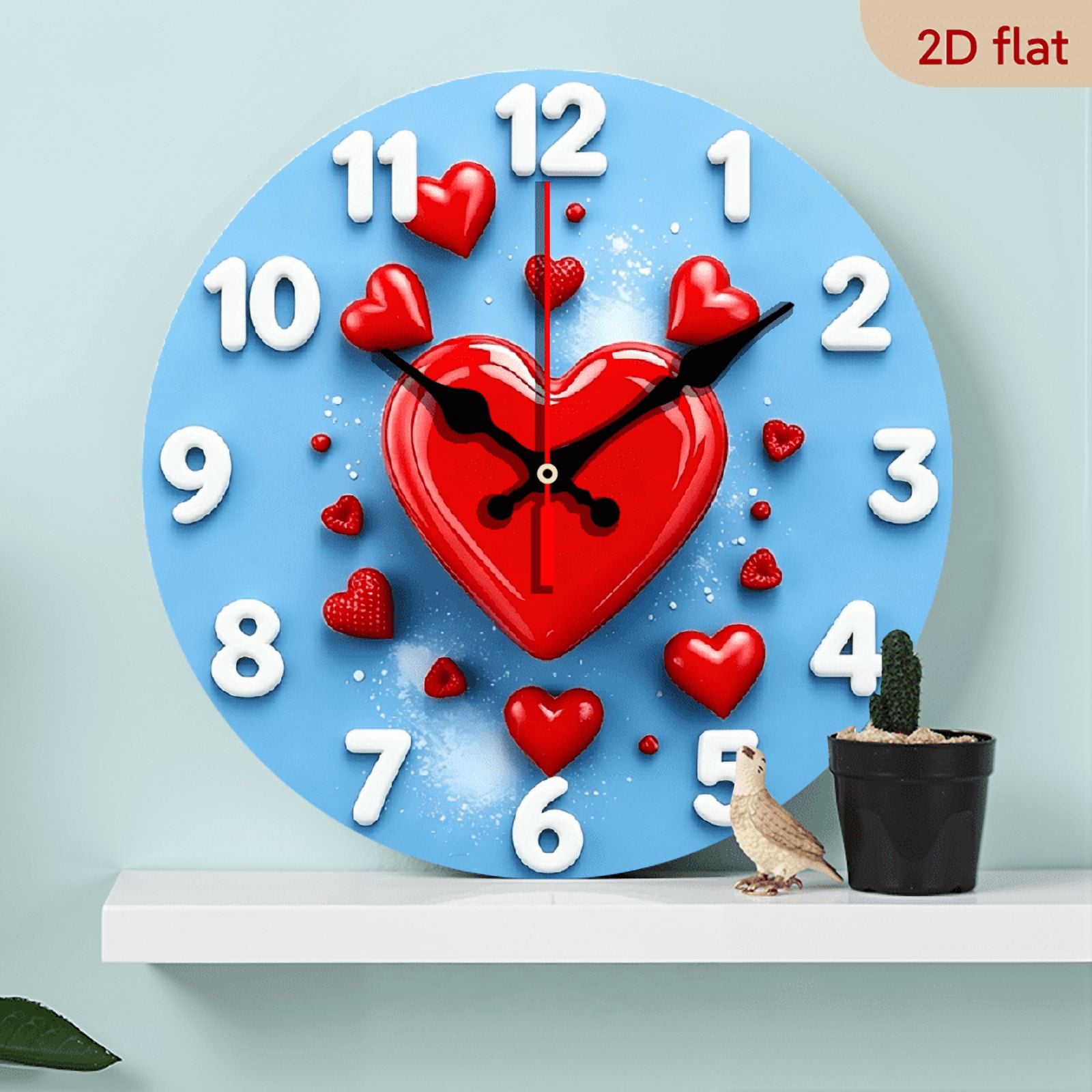 2D flat, a 10-inch wooden round wall clock, Heart Love design. Suitable ...