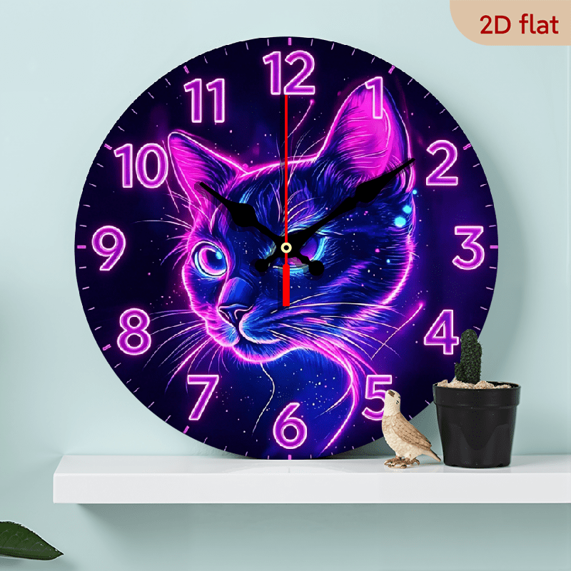 2D flat, a 10-inch wooden round wall clock, Neon glowing cat design ...