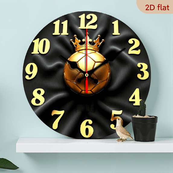 2D flat, a 10-inch wooden round wall clock, soccer crown designed ...
