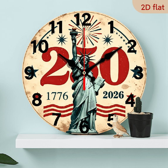 2D flat, a 10-inch wooden silent wall clock, "Statue of Liberty 250th ...