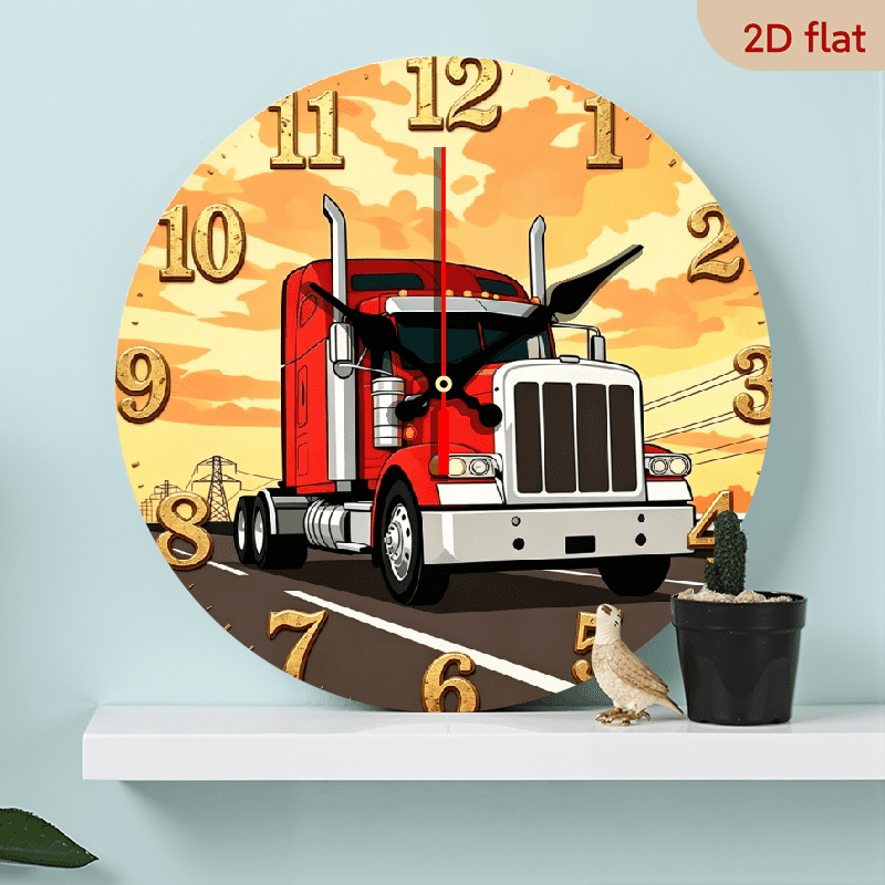2D flat, a 10-inch wooden silent wall clock, red semi-truck on sunset ...