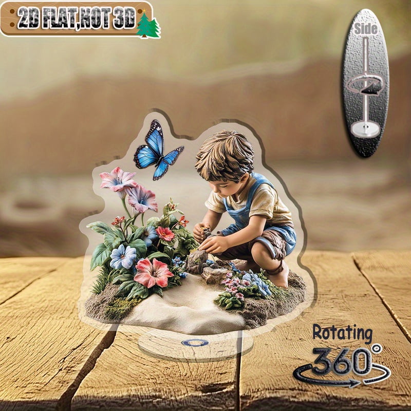 [2D flat] 1PC Rotating acrylic display capturing a boy crafting with ...