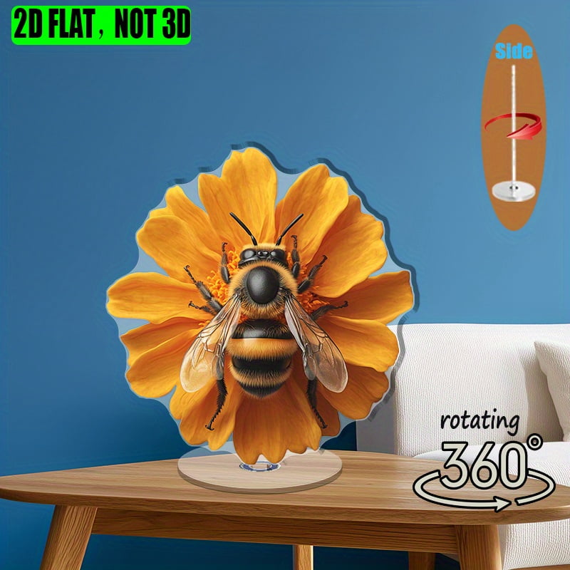 [2D flat] 1PC Rotating acrylic display featuring a bee on marigold ...