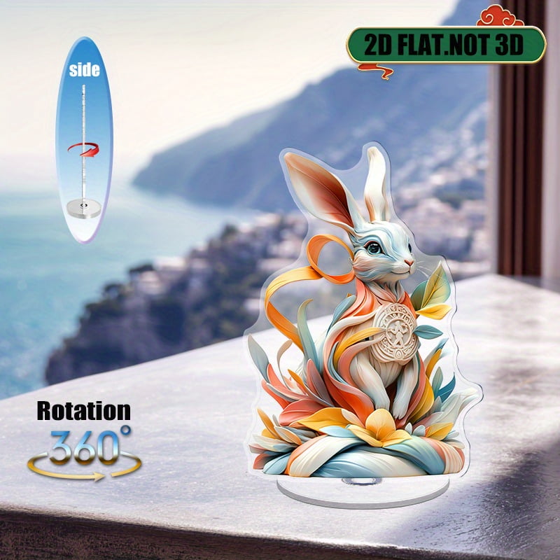 [2D flat] 1PC Rotating acrylic display featuring a whimsical hare with a floating ribbon ideal ...